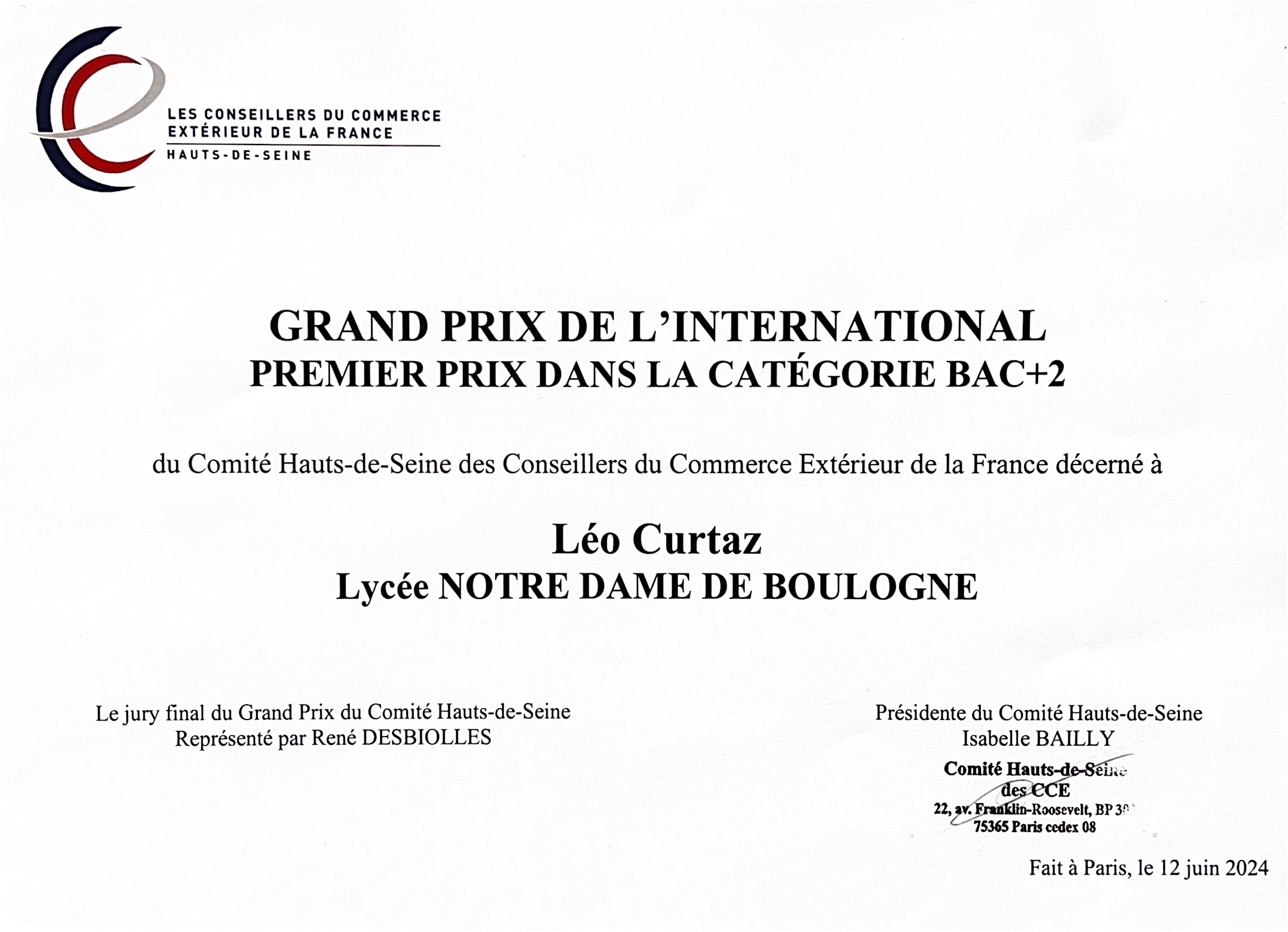 Un Grand Prix pour un étudiant en BTS - Lycée Notre-Dame-de-Boulogne
